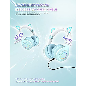 VuyKoo Bluetooth Headphones with Microphone/RGB LED Light Up, Cat Ear Wireless Headphones, Stereo Gaming Headset for Cellphone/PC/Laptop/Tablet/TV Kids Girls & Boys Teens/Birthday Gift (Green)