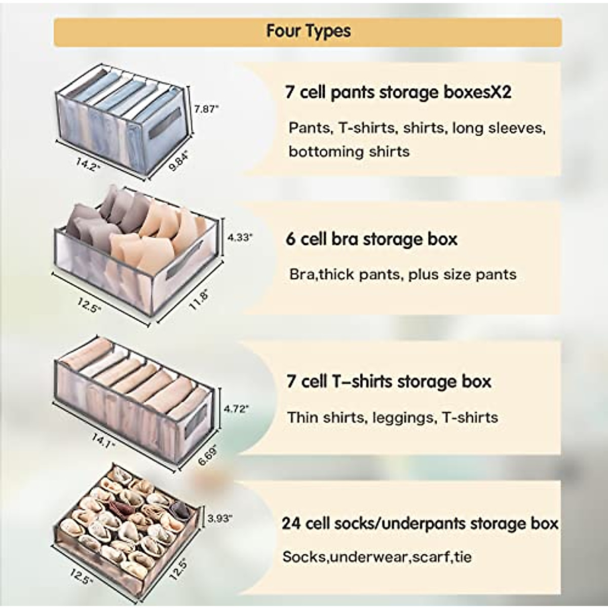 ChezMax Foldable Clothes Organizer Box, Mesh Closet Underwear Storage Bins, Grey Washable Folded Wardrobe Drawer Dividers Set, 6/7/24 Compartment/Grids for Clothing Socks Jeans Pants Ties Scarves Bras