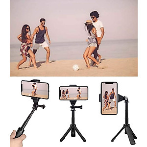 Mini Selfie Stick Tripod Kit 2-in-1, Compatible with GoPro AKASO Insta360 DJI Osmo Action Camera and Smartphones, 1/4 inch Screw Fixed, with 3-Level Telescopic Function Tripod（Black）