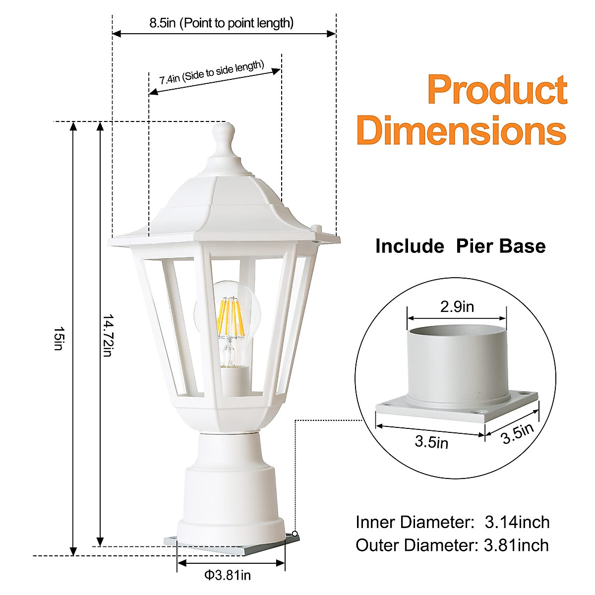 FUDESY Outdoor Post Light, Outdoor White Lamp Post Light Fixture with Pier Mount Base, Waterproof Pole Light Fixture with E26 Socket, Exterior Lamp Post Lantern for Garden Yard Patio Pathway