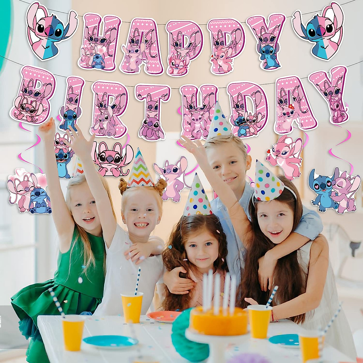 Stitch Birthday Decorations Stitch Pink Happy Birthday Banner Hanging Swirls for Birthday Party Supplies