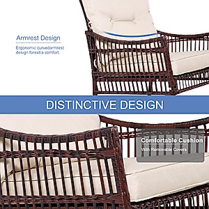 BALDPER 3 PCS Patio Conversation Chair Set with Coffee Table, Rocking Bistro Set, Outdoor Rocking Chairs Set, Wicker Furniture for Porch Deck Garden Poolside, Beige