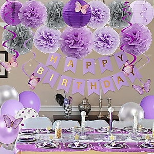 72Pcs Purple Birthday Party Decorations for Girls Women, Lavender Purple and Sliver Butterfly Party Decorations Supplies Balloons Happy Birthday Banner Circle Dots Paper Lanterns Pom Hanging Swirls