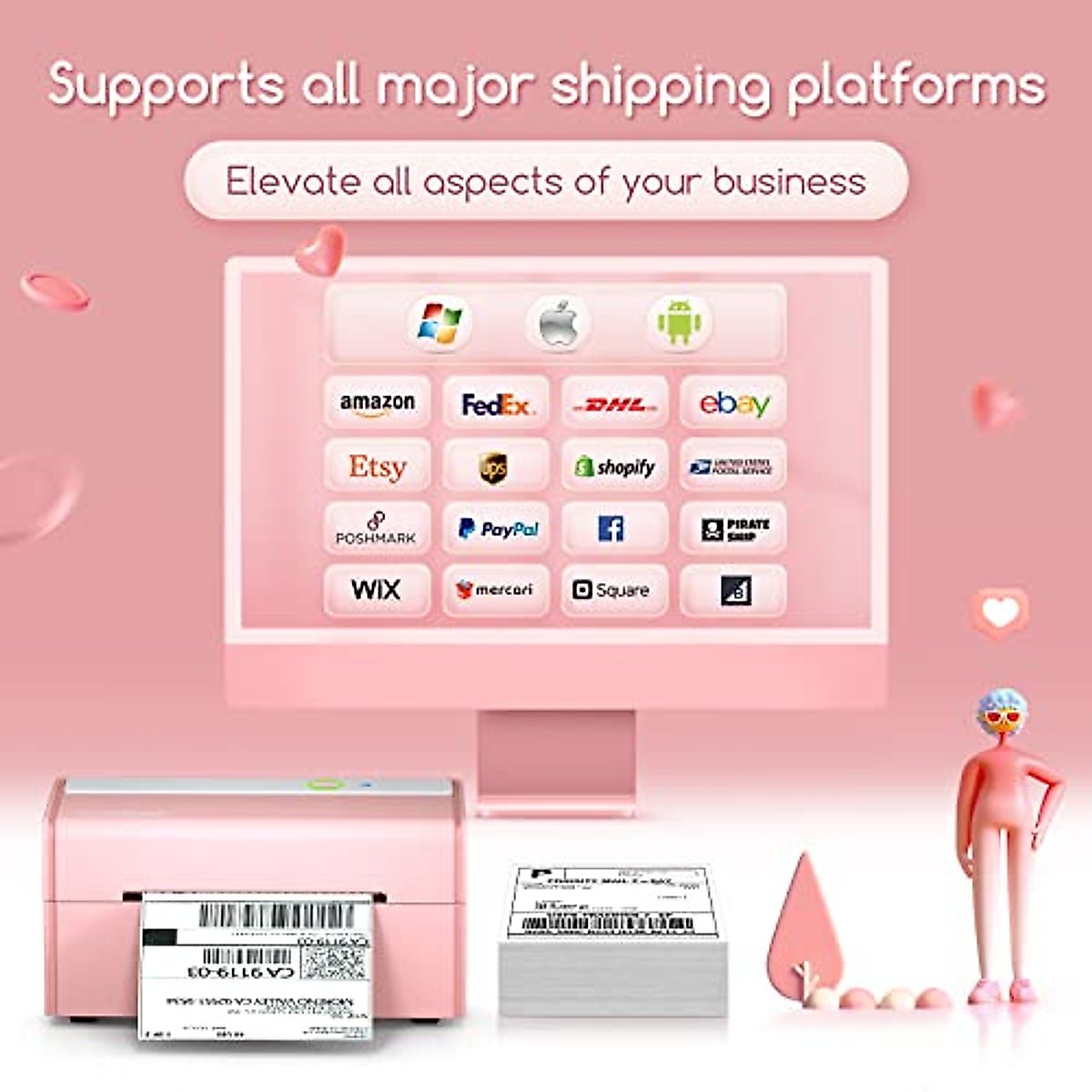 JADENS Bluetooth Thermal Label Printer -Wireless Shipping Label Printer for Ebay, USPS, Etsy & Amazon, Compatible with iPhone, Android & Windows (Mac Not Support Bluetooth), 4x6 Label Maker, Pink