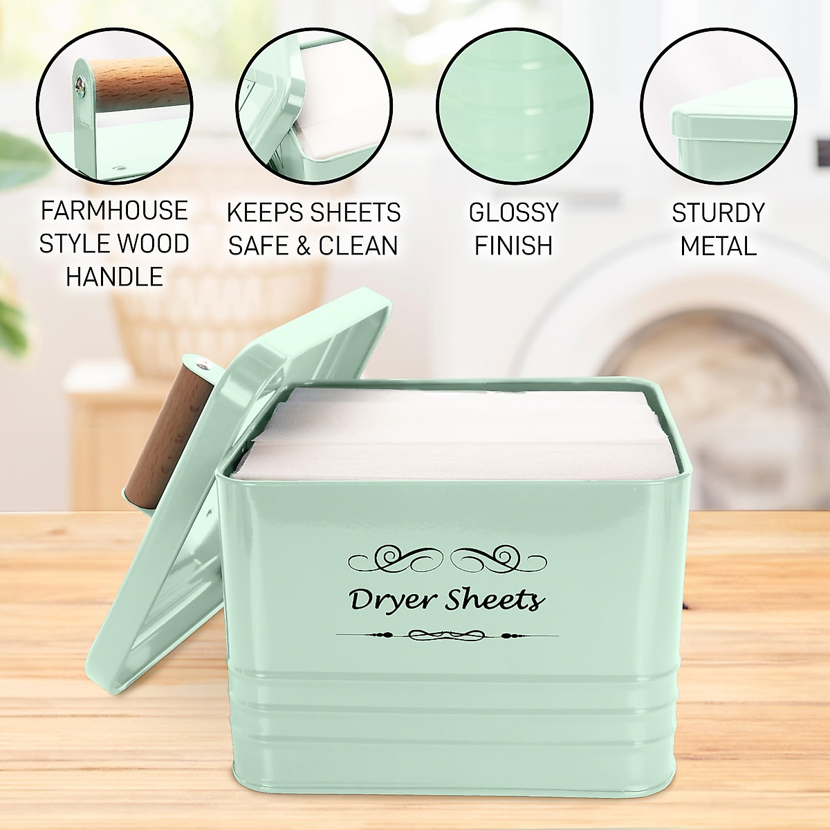 ELITAPRO Dryer Sheets Holder for Laundry Room - Farmhouse Dryer Sheet Box with Lid - Laundry Room Decor & Accessories - Metal Dryer Sheet Container for Laundry Room Organization & Storage (Mint)