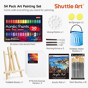 Shuttle Art 54 Pack Acrylic Paint Set, Acrylic Painting Set with 30 Colors Acrylic Paint, Wooden Easel, Painting Canvas, Paint Brushes, Palette, Art Painting Supplies for Kids Adults Beginner Artists