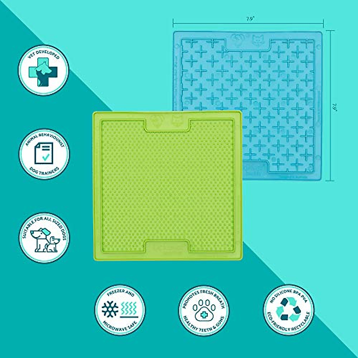 Lickimat Classic Dog Slow Feeders, Lick Mat, Boredom Anxiety Reduction; Perfect for Food, Treats, Yogurt, Peanut Butter. Fun Alternative to Slow Feed Dog Bowl! (Green & Turquoise, Soother & Buddy)