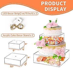 2PCS Clear Acrylic Cake Stand, Fillable Cake Box Riser Cake Tier, Square Cake Display Box with Lid, Decorative Centerpiece Box for Wedding Birthday Party (2pcs, 10" Dx4” H; 6" Dx4” H, 2M LED Lights)