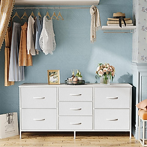 Huuger Dresser with 7 Drawers, 47 Inch Dresser TV Stand for 43, 50, 55 Inch TV, Fabric Dresser Chest of Drawers, PU Leather, Metal Frame, Storage Dresser for Bedroom, Nursery, Clothing, White Dresser