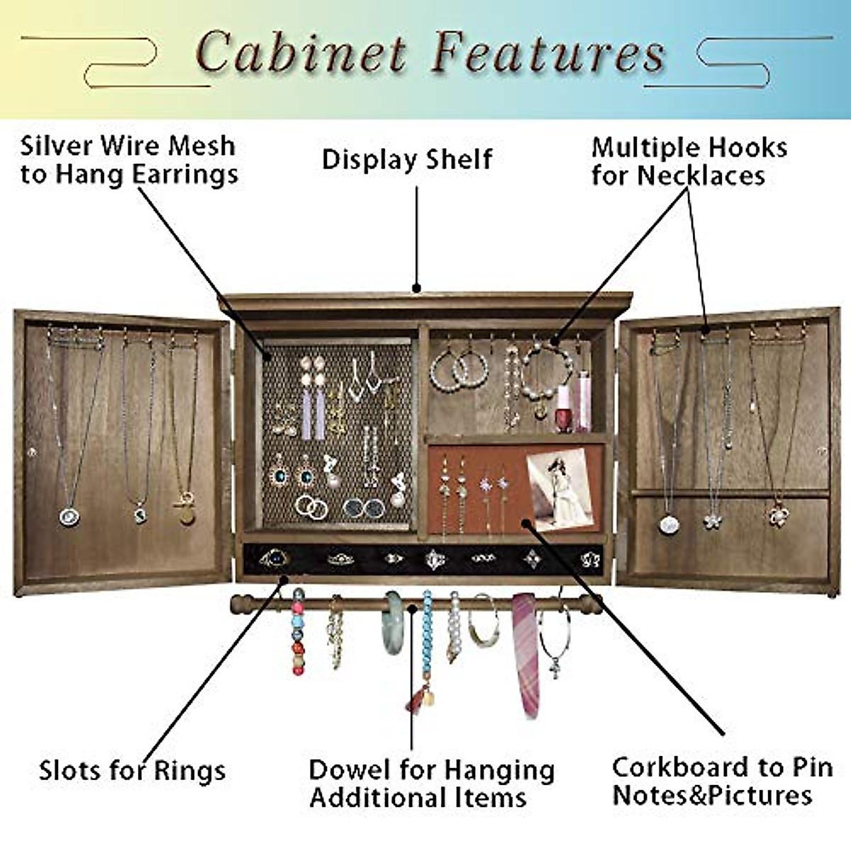 JOYSFIT Rustic Wall Mounted Jewelry Organizer with Wooden Barndoor Decor,Wooden Wall Mount Holder,Jewelry holder for Necklaces, Earings, Bracelets, Ring Holder(NATURAL WOOD)