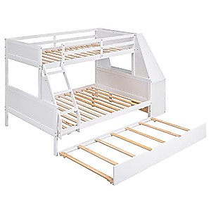 KoiHome Twin Over Full Bunk Bed with Trundle and Built-in Desk & Three Storage Drawers & Shelf, Wooden Platform Bed Frame with Slats Support for Kids,Teens Bedroom, No Box Spring Needed, White