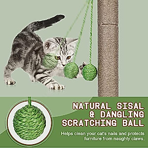 Kphico Cat Scratching Post for Indoor Cats,33.5" Tall Large Cat Scratching Post with Natural Sisal Rope,Kitten Scratcher with Simulated Leaves & Hanging Ball,Send 1 Cat Teasing Stick and 2 Catnip