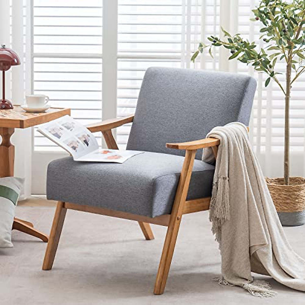 VINGLI Grey Accent Chairs Set of 2, Retro Mid Century Lounge Chairs for Living Room, Sturdy Upholstered Solid Wood Boho Farmhouse Armchairs for Bedroom/Reception