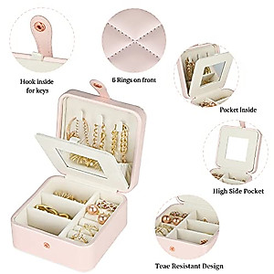 DQUTAR Travel Jewelry Box with Mirror, PU Leather Mini Jewelry Travel Case for Women Girls, Small Portable Jewelry Organizer for Rings Earrings Necklaces Bracelets
