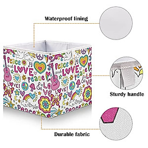 ALAZA Peace Sign Love Music Mushroom Flower Rainbow Storage Bin Organizer Foldable Basket for Closet Cabinet Shelf Office 15.75 x 10.63 x 6.96 Inch