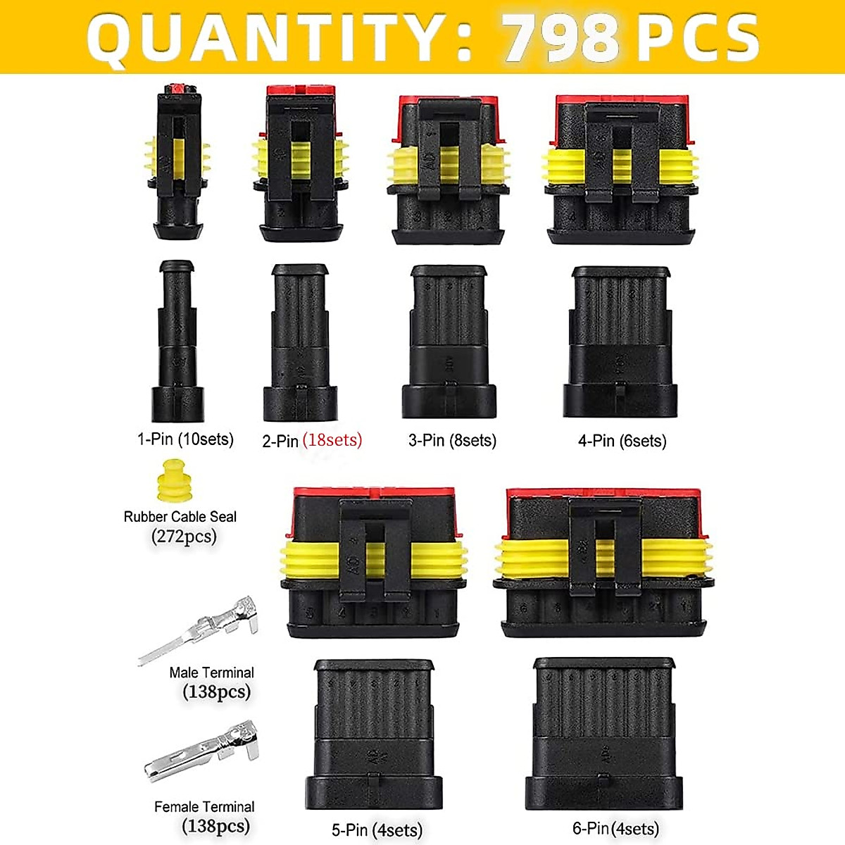 Amliber 798Pcs 50 Kits Waterproof Automotive Electrical Connector Terminals 1/2/3/4/5/6 Male&Female Pin Automotive Wire Connectors Kit for Car Motorcycle Marine 22-16 AWG