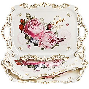 DEAYOU 3-Pack Melamine Serving Tray, Stackable Food Tray with Handles for Eating, Unbreakable Large Serving Platter with Floral Print for Gift, Party, Decor, Home, Restaurant, 16"L x 11"W, Rectangle