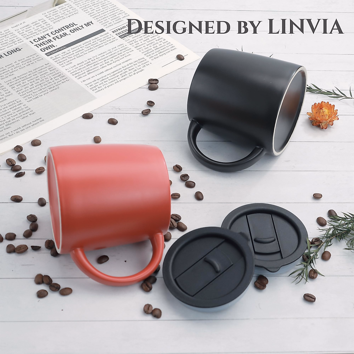 LINVIA Classic Mug, 16 oz Large Coffee Mug with Handle, Ceramic Porcelain Tea Cup, Smooth Matte (Sliding Lid, Black)