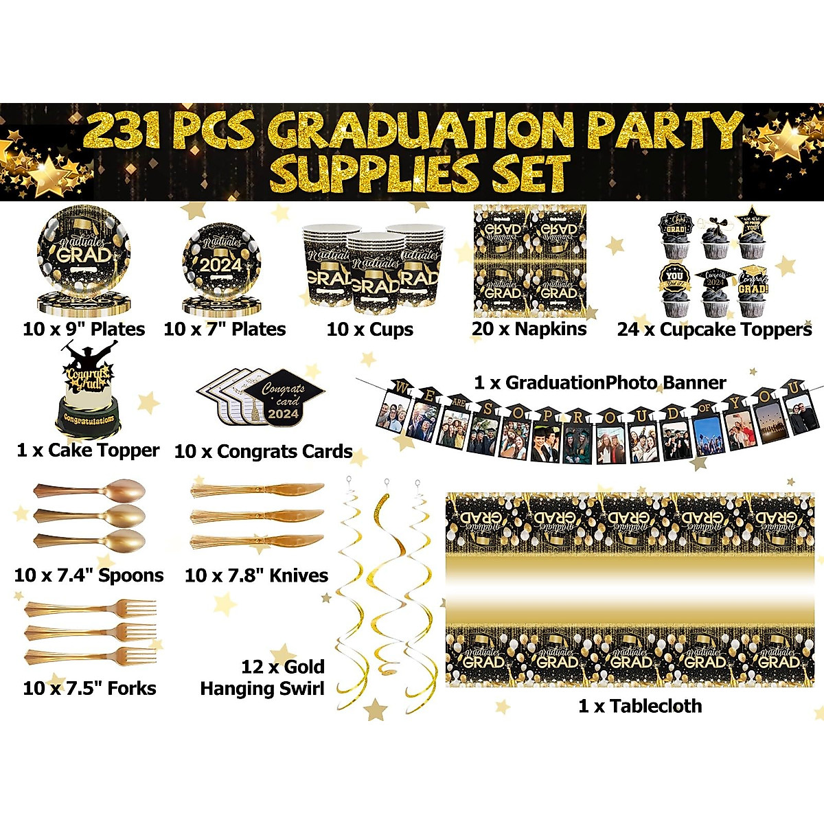 231PCS Graduation Decorations Class Of 2024, 2024 Graduation Party Decorations for High School College With Backdrop balloons Paper Plate Cup Napkin Cutlery Tablecloth Balloon Garland (Black and Gold)