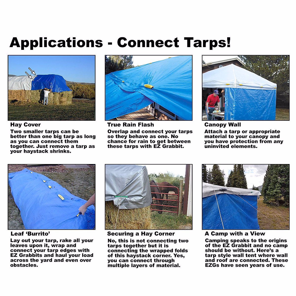 EZ Grabbit Tarp Tie Down (12-Pack) (Black) - Welcome to A New Standard! - Tarp Clip Clamp Holder Tie-Off Cinch Fastener Wall Tent Boat Pool Cover Canopy Hay Cargo Camping Storage Canvas