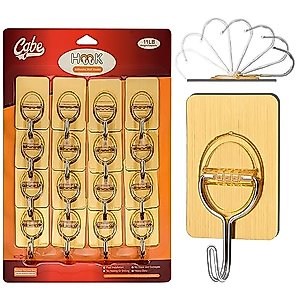 CGBE Adhesive Wall Hooks Heavy Duty Hooks for Hanging 11 lbs (Max) Seamless Adhesive Hooks for Hanging Keys Coats Hats Bags Ceiling (16pcs, Gold)
