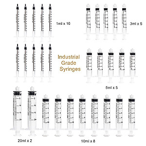 BSTEAN 30 Pack - 1ml, 3ml, 5ml,10ml, 20ml Syringes with 14ga, 16ga,18ga, 20ga, 22ga and 25ga Blunt Tip Needles and Caps for Refilling and Measuring Liquids, Oil or Glue Applicator