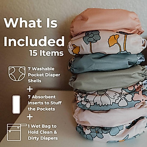 Nora's Nursery Cloth Diapers 7 Pack with 7 Inserts & 1 Wet Bag - Waterproof Cover, Washable, Reusable & One Size Adjustable Pocket Diapers for Newborns and Toddlers - Delilah