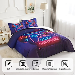 Koniroom Gaming Comforter Set Full/Queen Size, Gamer Bedding Sets for Kids Teen Boys with Play Everywhere Game Contoller Themed Printing, Reversible Comforter 3 Pieces with 2 Pillow Shams