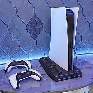 Q-View Vertical Stand for use with PlayStation 5, 4 in 1 Docking Station, Controller Charger, Cooling Fan and Games Storage Tray Compatible with PS5 Console, Disk and Digital Version