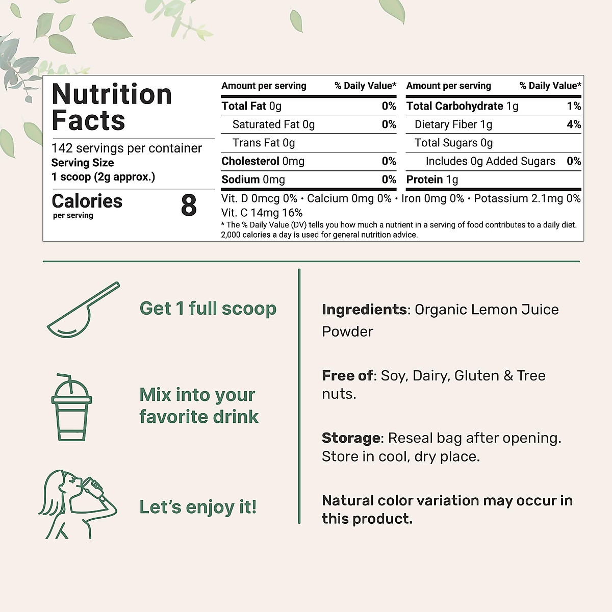 Organic Lemon Juice powder, 10 Ounce | 100% Natural Fruit Powder | Cold Pressed Lemons Source | No Sugar & Additives | Great Flavor for Drinks, Smoothie, & Beverages | Non-GMO & Vegan Friendly