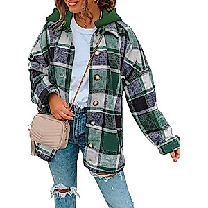EVALESS Women's Hooded Flannel Fall Fleece Plaid Shacket Jacket 2023 Fashion Casual Long Sleeve Button Down Shirts Coats,Green XL