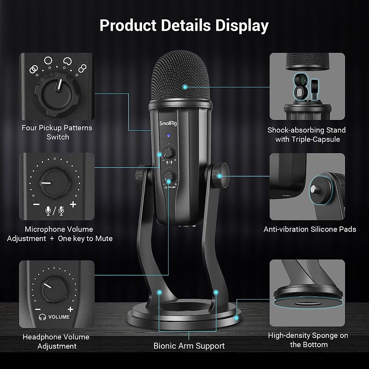 SmallRig U60 All Metal USB Microphone PC Streaming Microphone, Gaming Mic for PC,PS5 & Mac, 4 Pickup Patterns, Shock Mount and Adjustable Stand, Gain Control for Recording, Plug and Play, Black - 3466