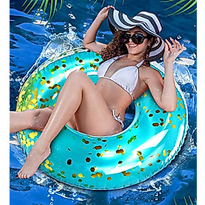 CoTa Global Inflatable Blue Gold Pool Float Tube - Luxurious Fun Lounger Filled with Sparkle Gold Confetti, Cool Blue Gold Design, Water Swimming Ring Pool Floaties for Beach and Pool - 36 Inches