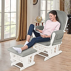 Costzon Glider and Ottoman Set, Wood Glider Rocker for Nursery, Upholstered Comfort Nursing Rocking Chair with Storage Pocket, Padded Armrests & Detachable Cushion, Easy to Assemble (Light Gray)