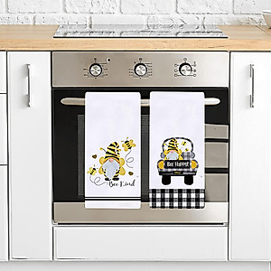 Set of 2 Buffalo Plaid Bee Gnome Kitchen Dish Towel 18 x 28 Inch, Seasonal Spring Summer Bee Happy Tea Towels Dish Cloth for Cooking Baking