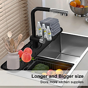 Burfocus Silicone Faucet Mat, 19.7''x5.6'', Fits The Faucet Tube within 3.2 inch, Faucet Splash Guard for Kitchen Sink, Kitchen Accessories Sink Mat Sink Protectors for Bathroom (L-Black)