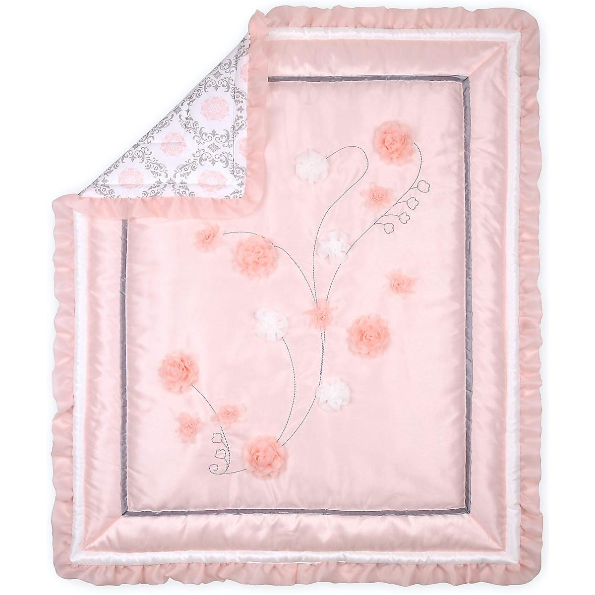 The Peanutshell Brianna Crib Bedding Set for Baby Girls | 3 Piece Pink Floral Nursery Set | Crib Quilt, Crib Sheet, & Dust Ruffle