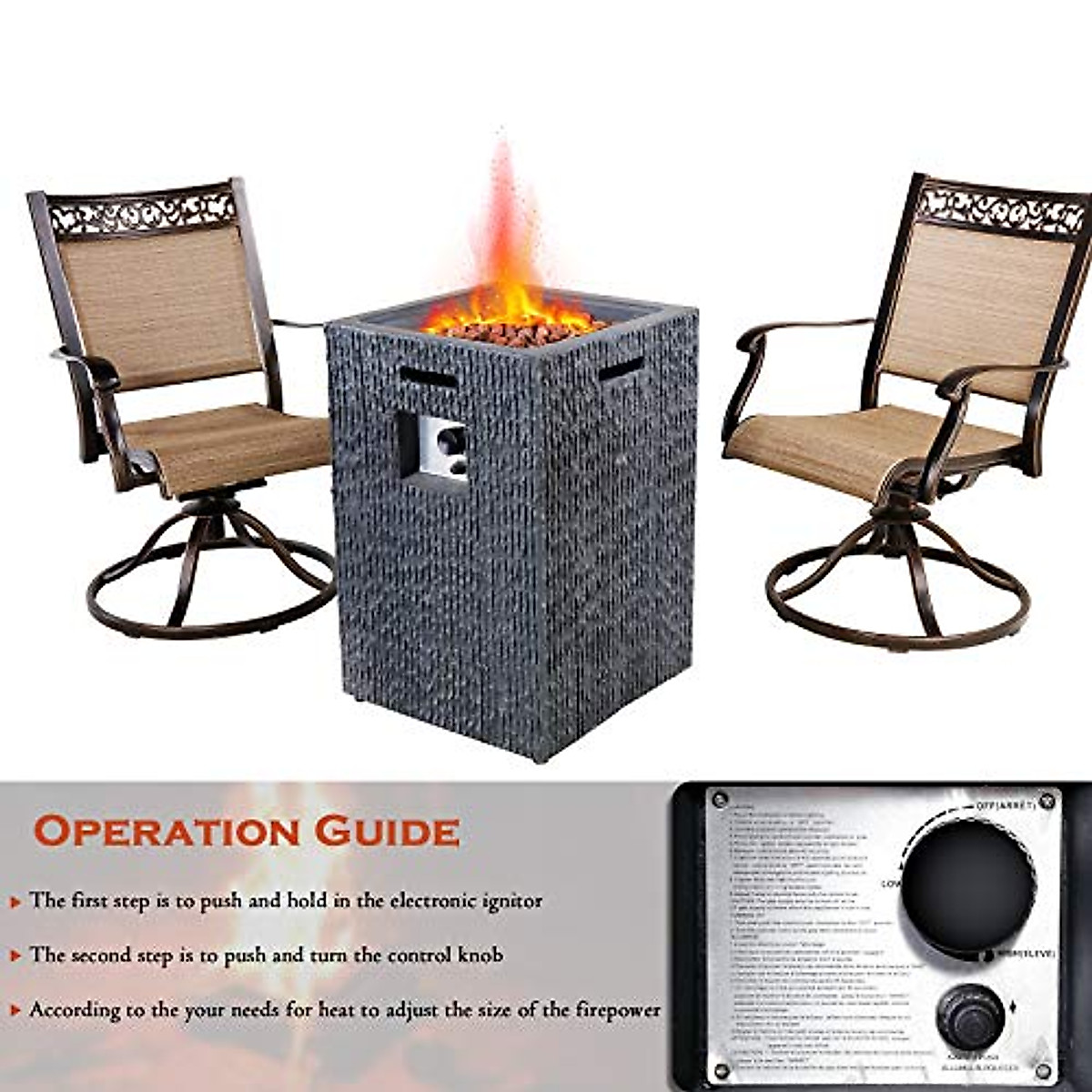 19 inch Outdoor Propane Fire Pit Table, 40,000 BTU Patio Gas Heater Column with Vertical Texture Surface, Red Lava Rocks, and Waterproof Cover