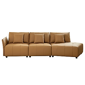 Modern Living Room Curved Sofa, Real Leather Modular Sectional Sofa, Chaise Lounge Couch, 3-Seater Corner Couch, 120'' Sofa Couch with 3 Pillows, Apartment, Home Furniture, Office, Brown Couch