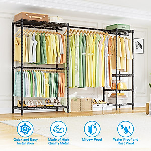 Ulif E10 Clothes Rack（With Stretchable Hanger Rod）Freestanding Clothing Racks for Hanging Clothes，Adjustable Closet Organizer System，Portable Garment Rack 73-97"W x 15" D x 72" H，Max Load 800LBS，Black
