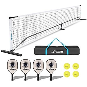 X-ACE 匹克球网套装 22 英尺(黑色和白色套装)X-ACE Regulation Pickleball Set with Net | 4 Paddles | 4 Outdoor Pickleball Balls - Portable 22FT Pickleball Net System All in One Pickle-Ball Equipment Carry Bag (NET SET)