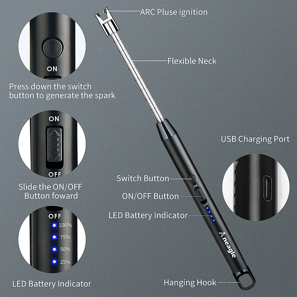 Aneagle Candle Lighter Rechargeable 2 packs Electric Arc Lighter for Candles with Led Battery Display Screen and Long Flexible Neck USB are Applied to Light Candle Cooking Fireworks Flame