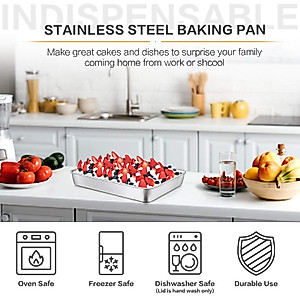 E-far Stainless Steel Baking Pan with Lid, 12⅓ x 9¾ x 2 Inch Rectangle Sheet Cake Pans with Covers Bakeware for Cakes Brownies Casseroles, Non-toxic & Healthy, Heavy Duty & Dishwasher Safe - Set of 2