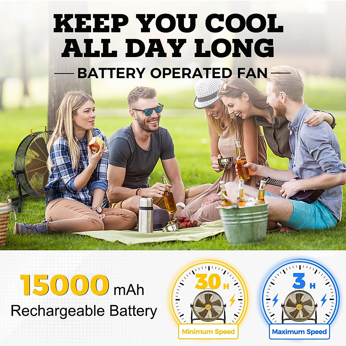 Smartele QF16 16 Inch Battery Powered Floor Fan Fast Charging,15000mAh Battery Operated Fan,Rechargeable Portable Fan,2500 CFM High Velocity Cordless Fan for Patio,Gym,Camping,Travel,Backyard