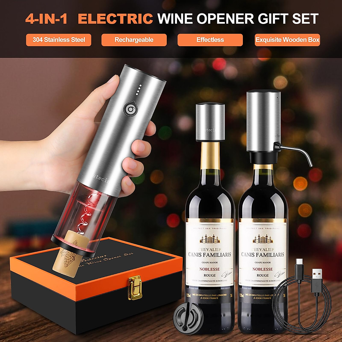 Bsteciar Rechargeable Electric Wine Openers Set,Cordless One-click Automatic Electric Wine Bottle Opener,Aerator, Vacuum Stoppers, Foil Cutter and Bottle Opener for Home Bar and Outdoor Parties