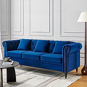 kinmars Chesterfield Sofa Velvet,3 Seater Couch Furniture,Couches for Living Room with Deep Button Tufting,Large Sofa with Rolled Arms (Blue)