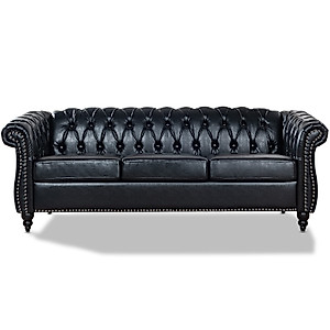 TINGMAMADEHUA Black Chesterfield Sofa,3 Seater Sofas,Button Tufted Faux Leather Couch for Living Room Bedroom Office