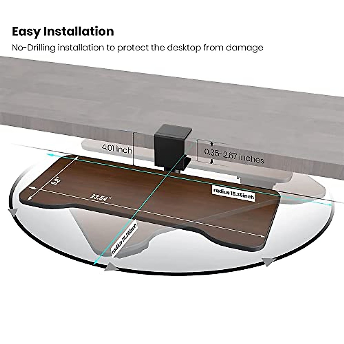 Keyboard Tray Under Desk,360 Rotating Keyboard&Mouse Tray with Drawer,Yikola Desk Extender Adjustable C-Clamp, Ergonomic Platform Tray Under Table,No Drilling Install 23.54'' x 9.8''in-Walnut Pattern