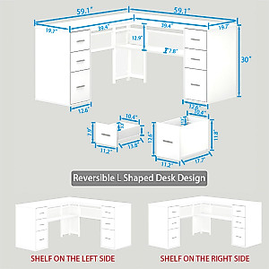 HSH White L Shaped Desk with Drawers Shelves, Large Home Office Corner Computer Desk with Storage File Cabinet, Modern Metal Wood Desk for Executive Writing Study Workstation, 59 Inch Bedroom Table