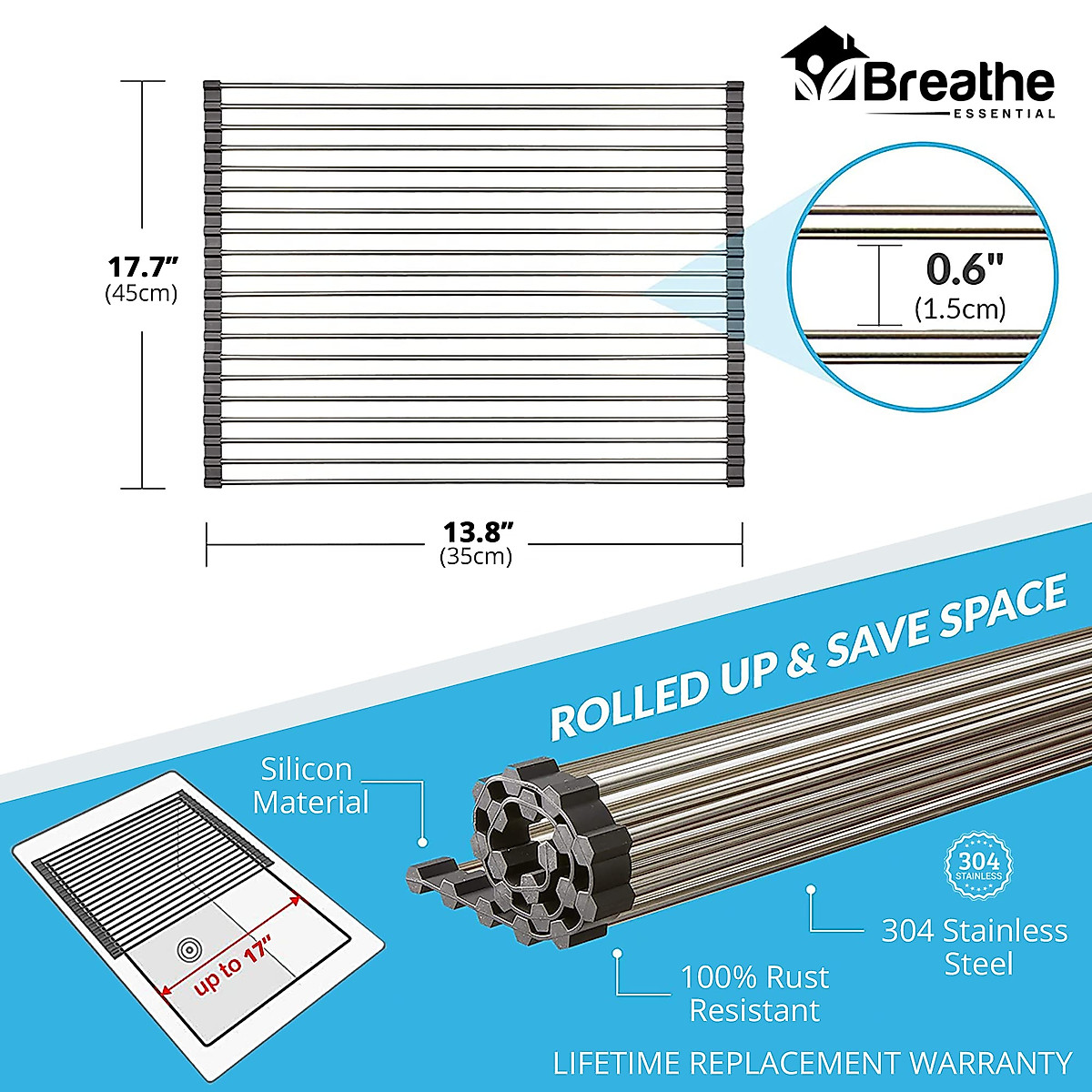 Breathe Essential | 17.5" x 13.8" Roll Up Dish Drying Rack - Over The Sink Caddy for Kitchen Counter, Folding Dish Mat, Foldable Stainless Steel Trivet Accessories